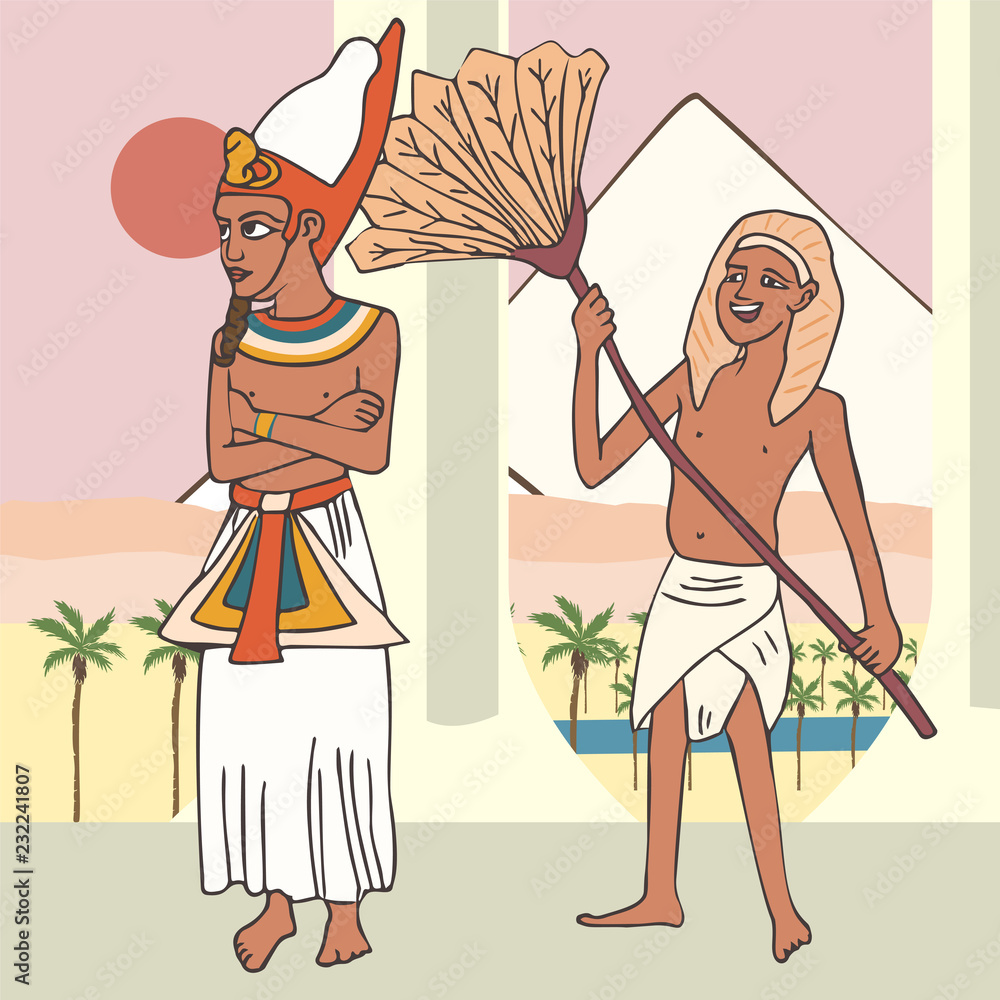 pharaoh with fan-bearer at palace and pyramids background Stock Vector ...