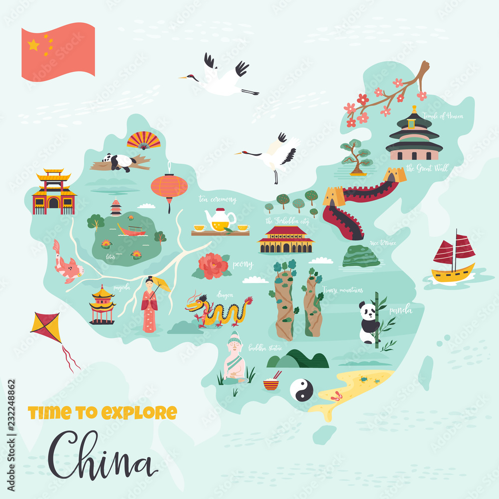 Chinese cartoon map with destinations, symbols Stock Vector | Adobe Stock