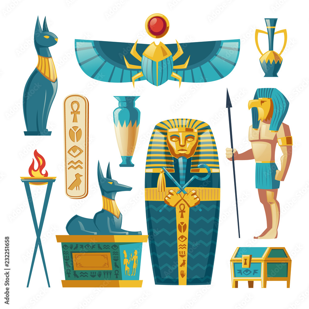 Vecteur Stock Vector Egyptian set - pharaoh sarcophagus, ancient gods ...