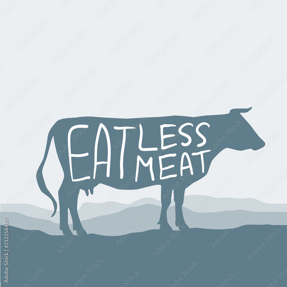 Eat less meat. Cow silhouette graze in the field, landscape, sky, grass ...