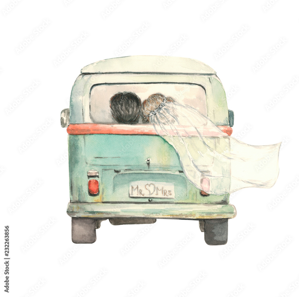 just married couple in the bus, watercolor Stock Illustration | Adobe Stock