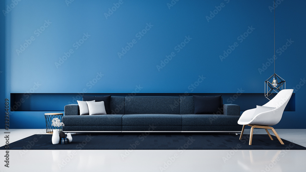 Blue wall modern living room / 3D render interior Stock Illustration ...