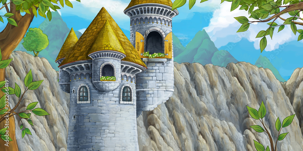 cartoon scene of castle tower with opened window nobody - illustration ...