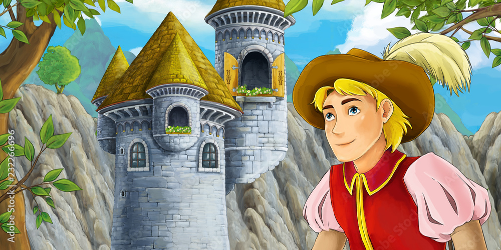 cartoon scene of castle tower with opened window prince in front ...