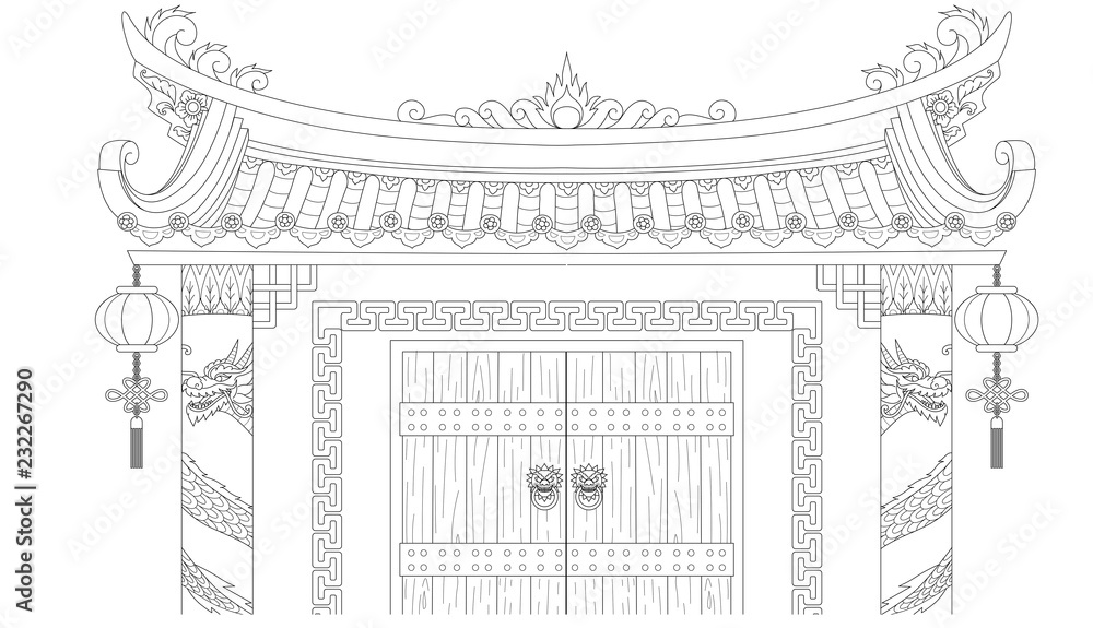 Chinese gate for coloring book and design element.Vector illustration ...