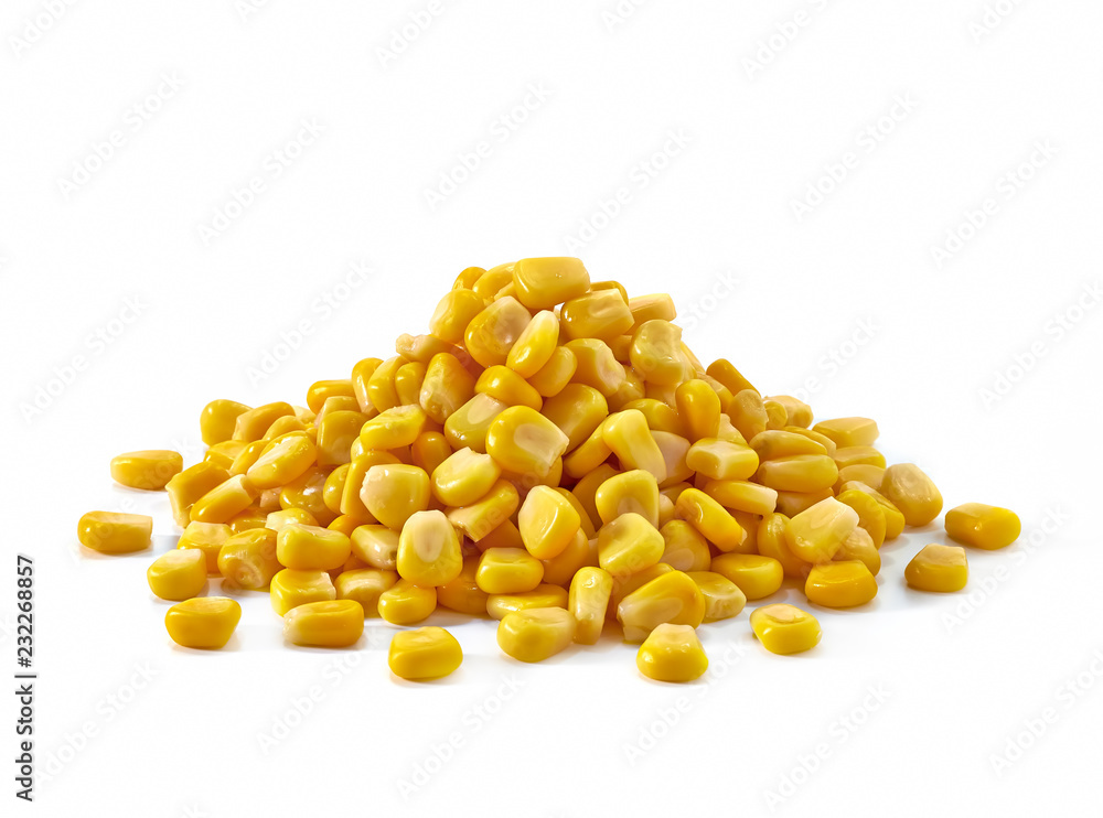 Boiled corn kernels pile / heap side view isolated on white background ...