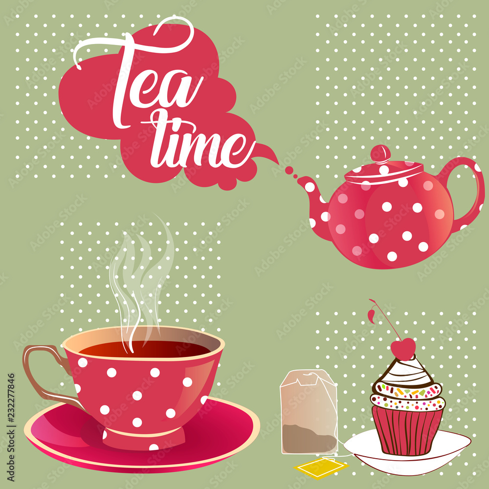 Tea time: Cup of tea, teapot and cake Stock Vector | Adobe Stock