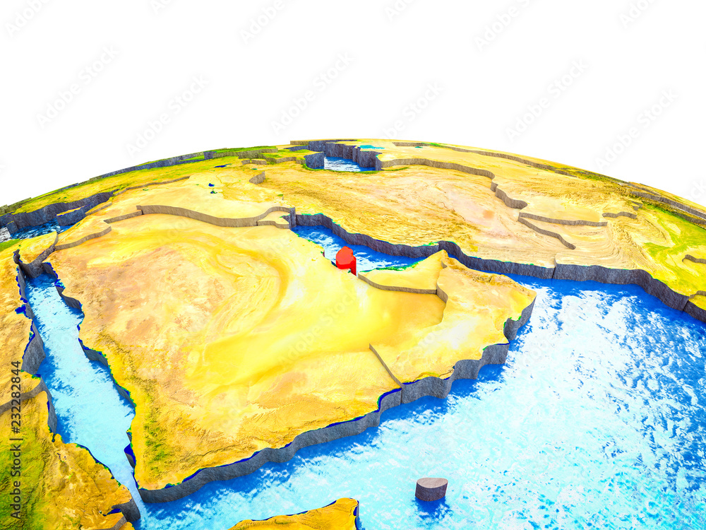 Qatar on 3D Earth with visible countries and blue oceans with waves ...