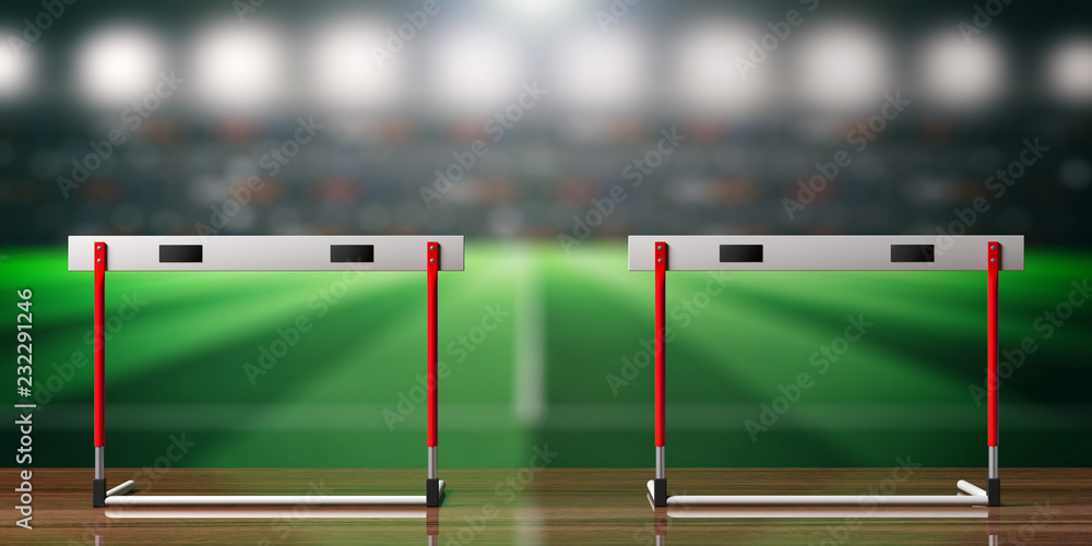 Hurdles against stadium background, front view, 3d illustration. Stock ...