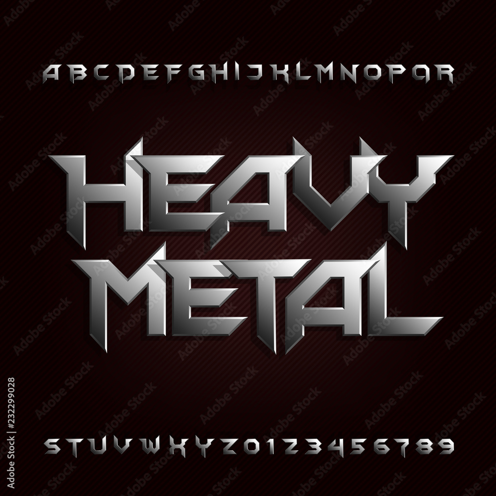 Heavy metal alphabet font. Chrome beveled letters and numbers. Stock ...