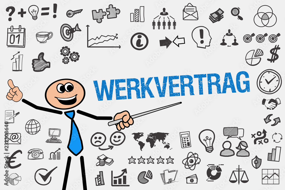 Werkvertrag / Mann mit Symbole Stock Illustration | Adobe Stock