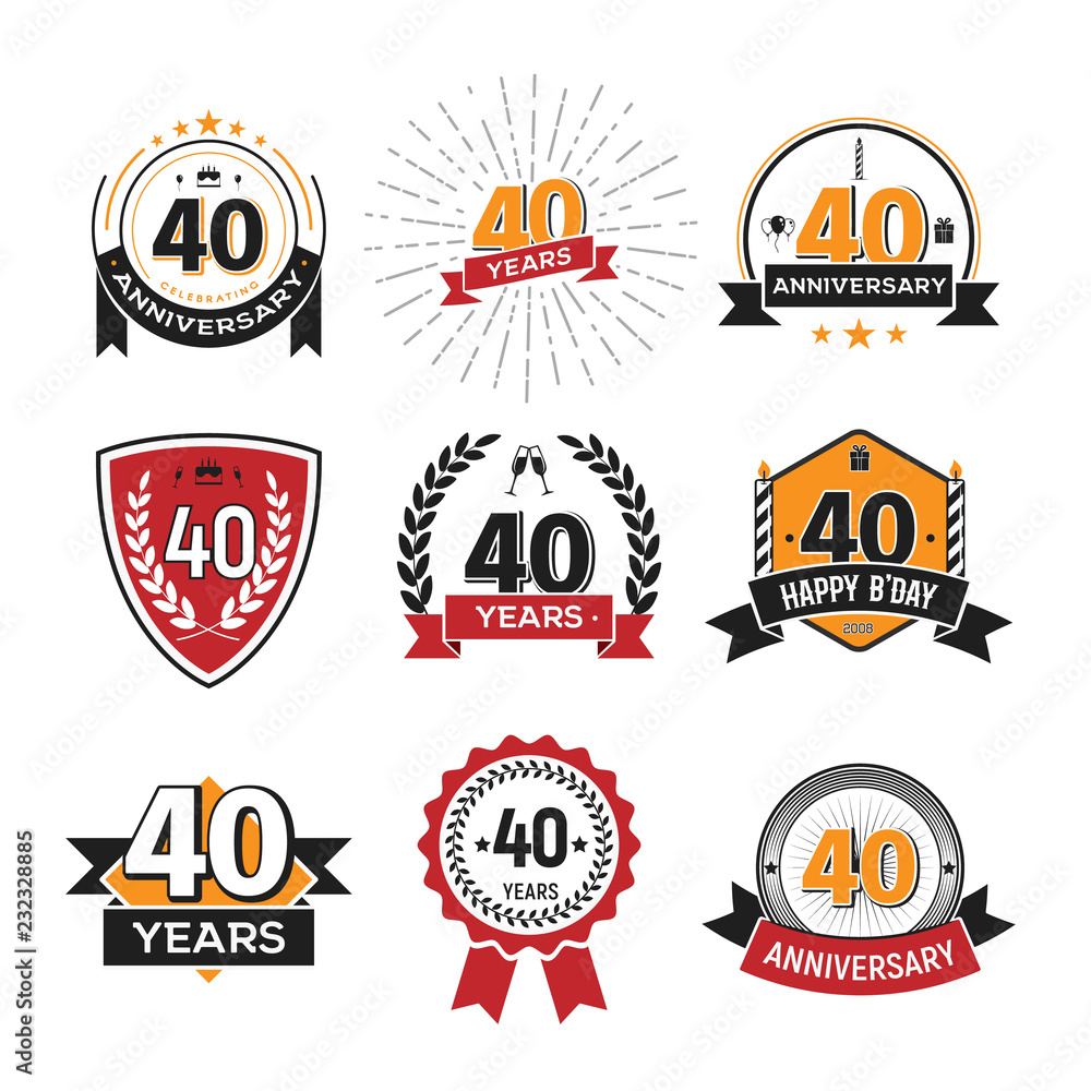 Collection of retro 40 th years anniversary logo. Set of Isolated ...