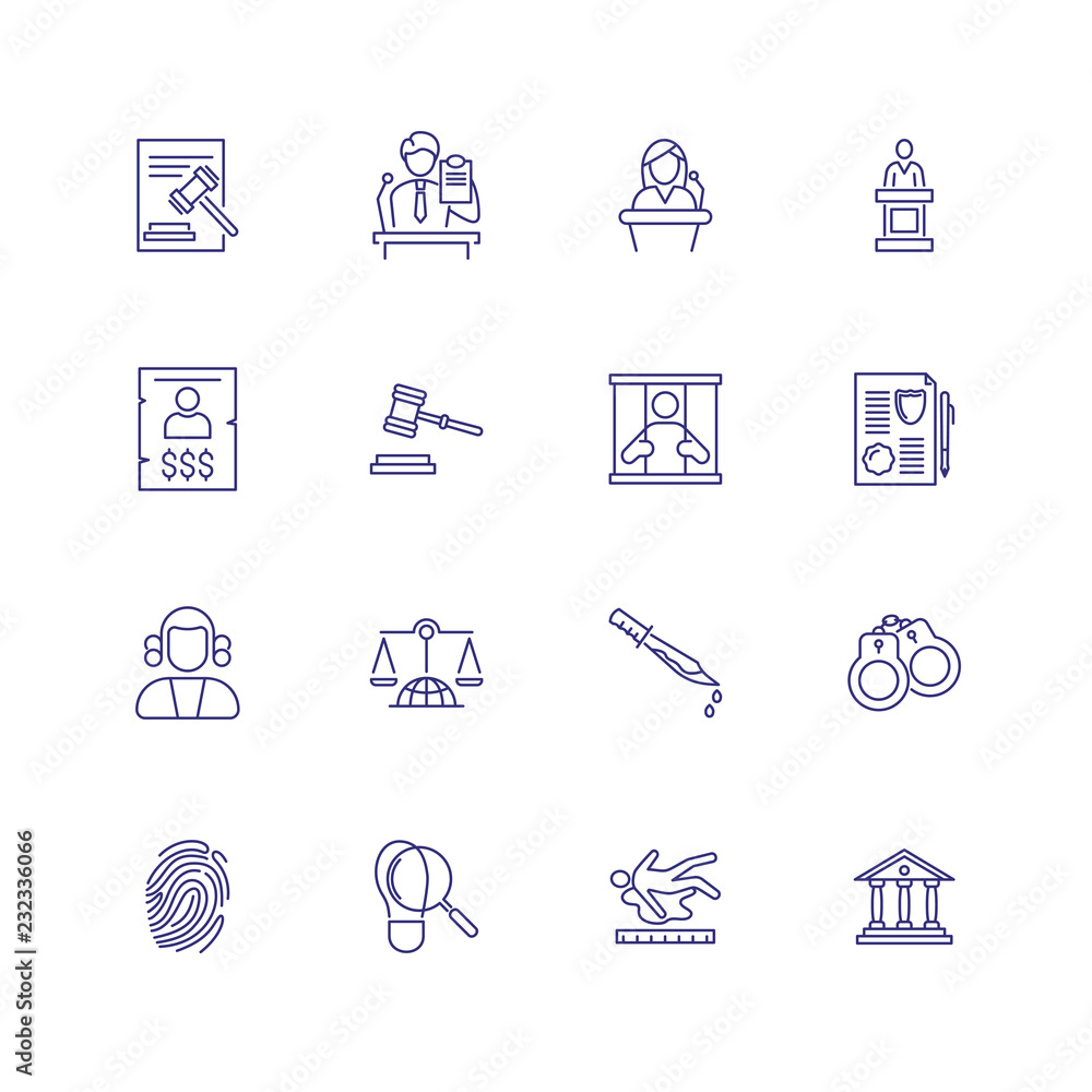 Law and criminal icons. Set of line icons on white background. Judge ...