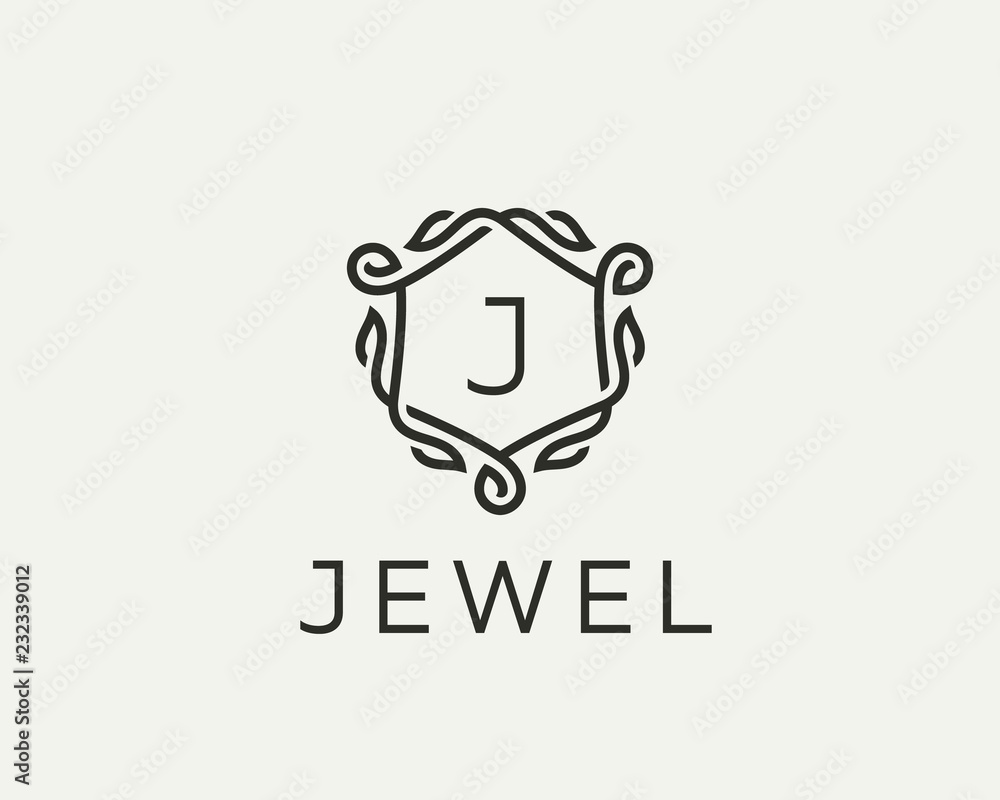Premium linear shield monogram letter J logotype. Elegant crest leaf ...