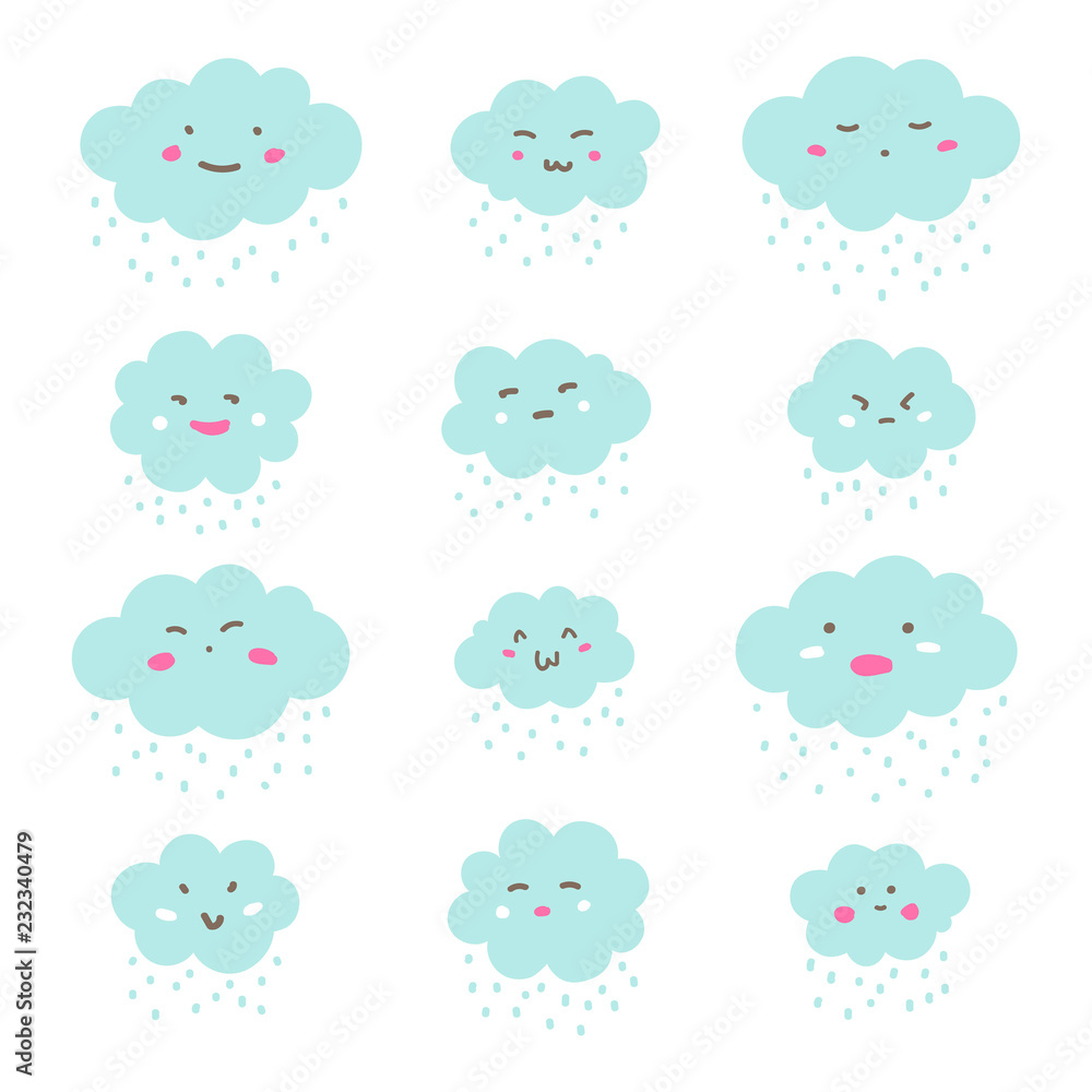Flat style cute clouds with funny doodle cartoon emoji smiley faces and ...
