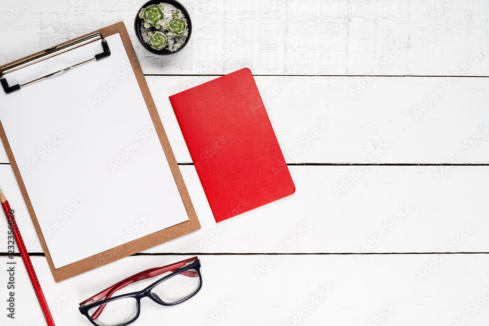 Top view of work objects on the rustic wooden background with copy ...
