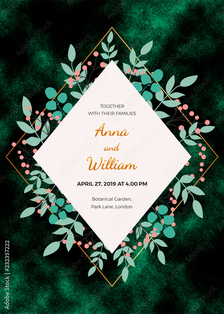 Wedding invitation card with leaves on the dark green background ...