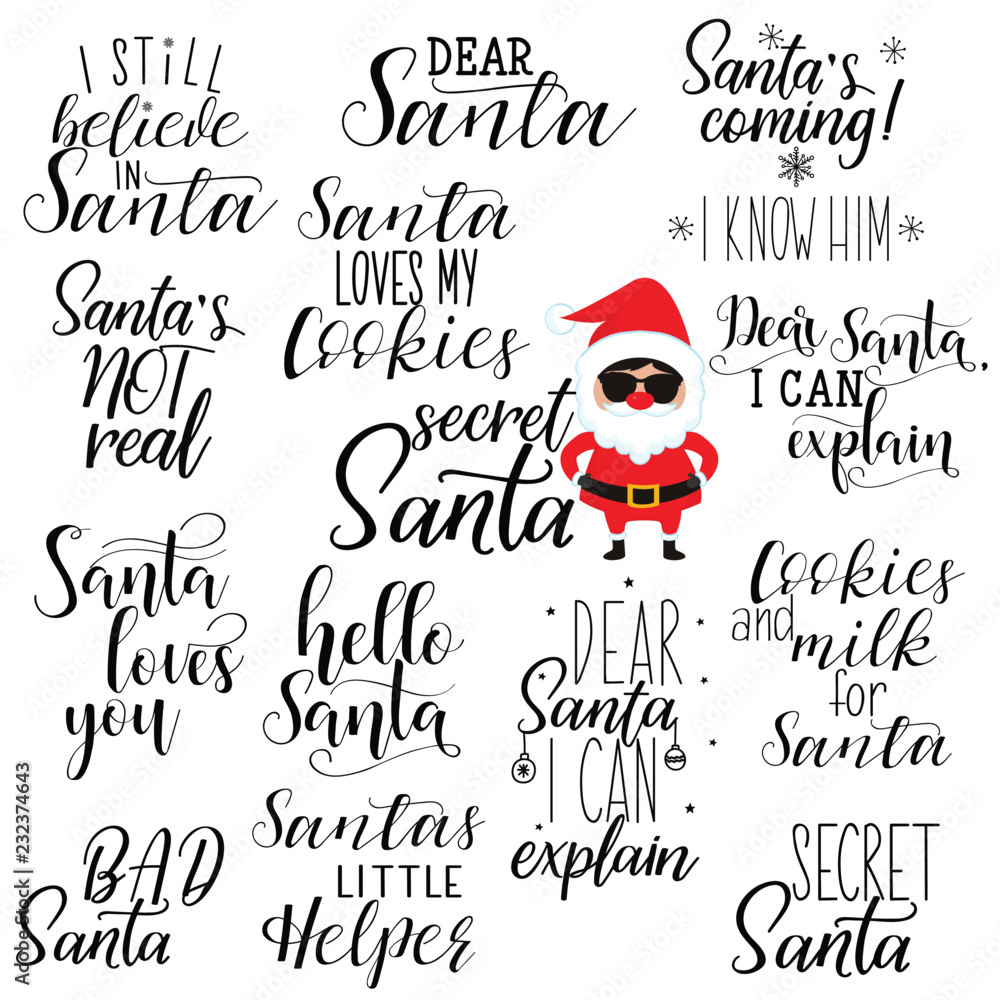 set of 14 santa hand lettering quotes to greeting card, banner, poster ...
