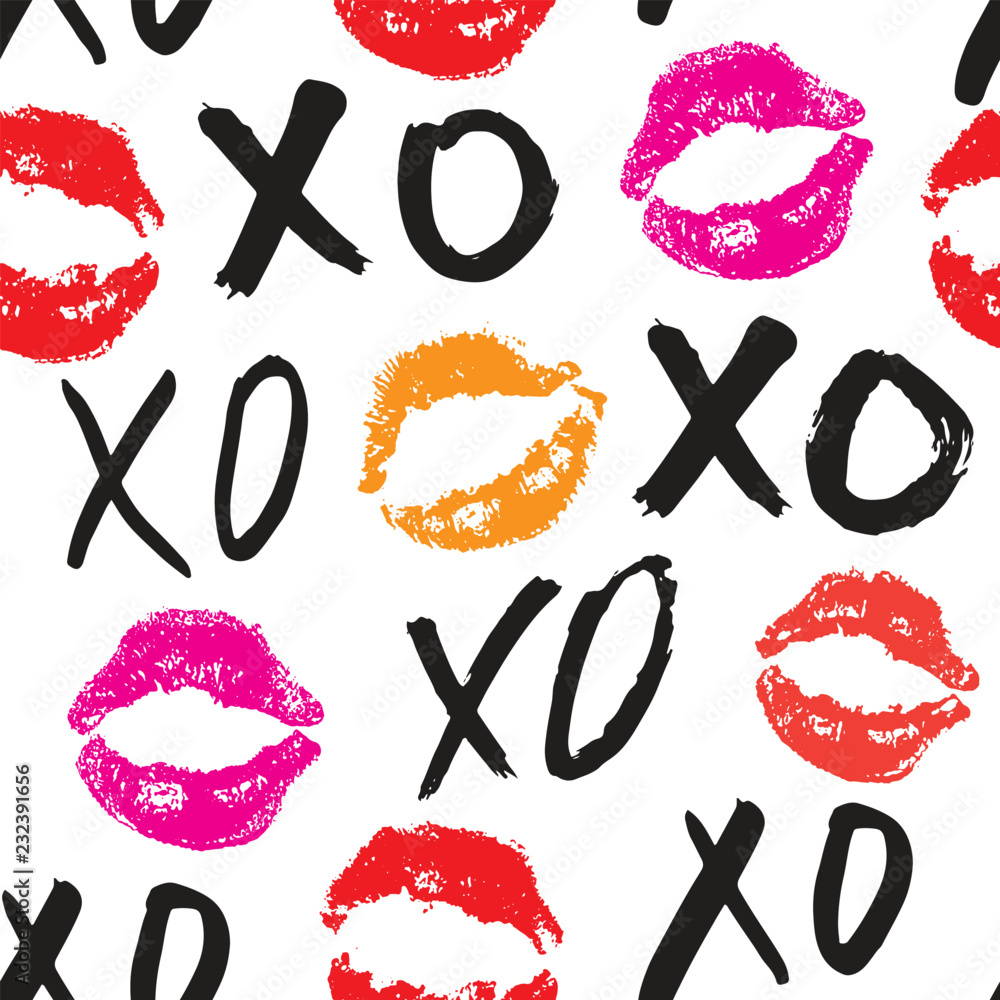 XOXO brush lettering signs seamless pattern, Grunge calligraphic hugs ...