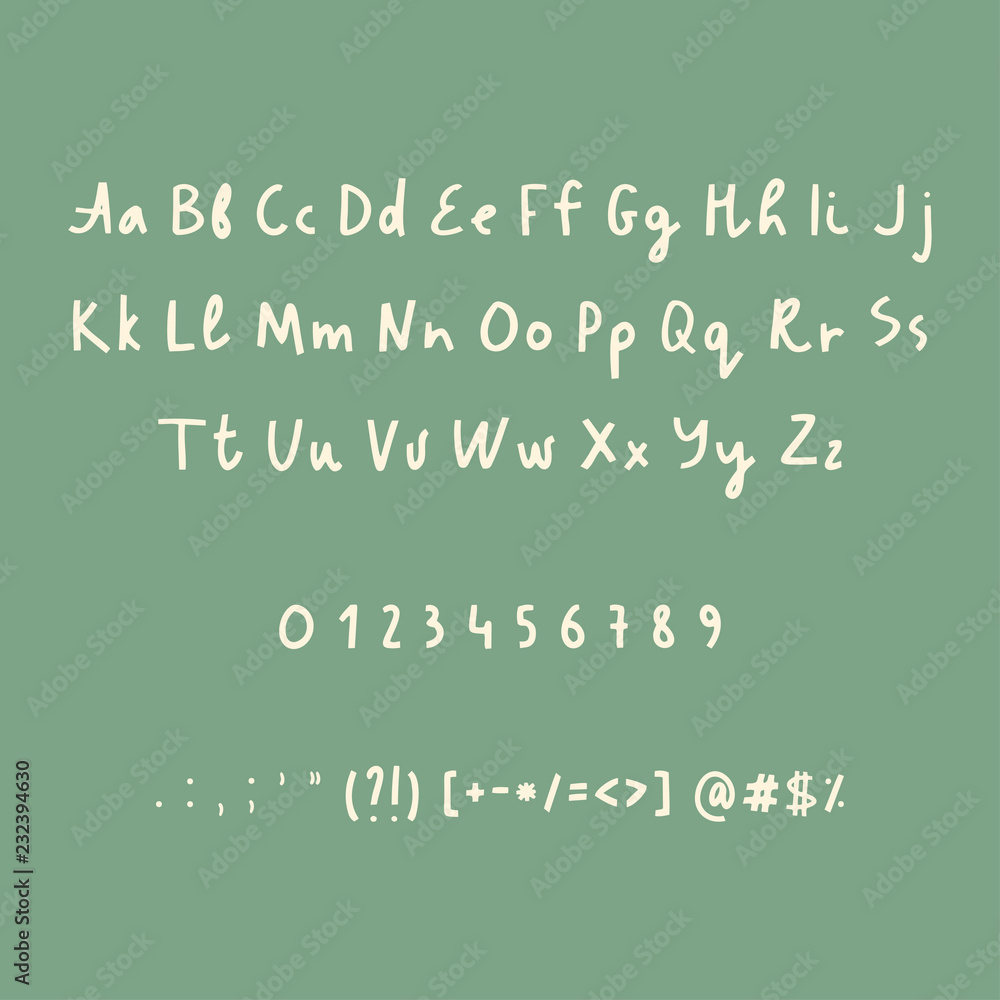 Hand drawn alphabet numbers and punctuation marks. Rustic font. Vector ...