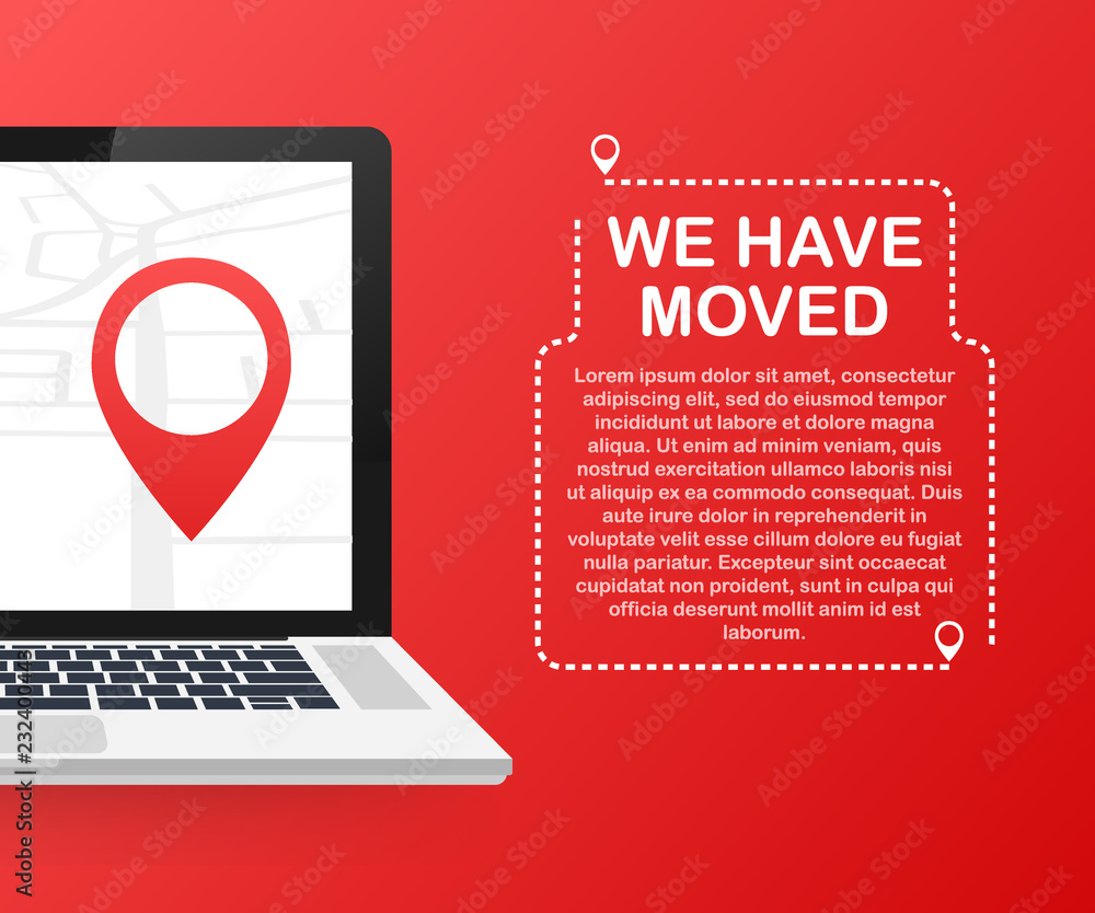 We have moved. Moving office sign. Clipart image isolated on red ...