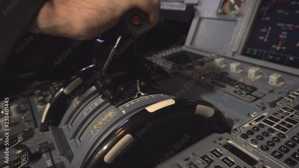 The cockpit of the aircraft. The pilot checks the aircraft engines ...