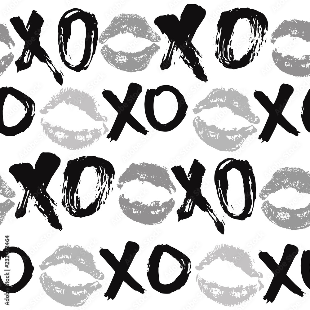 XOXO brush lettering signs seamless pattern, Grunge calligraphic hugs ...