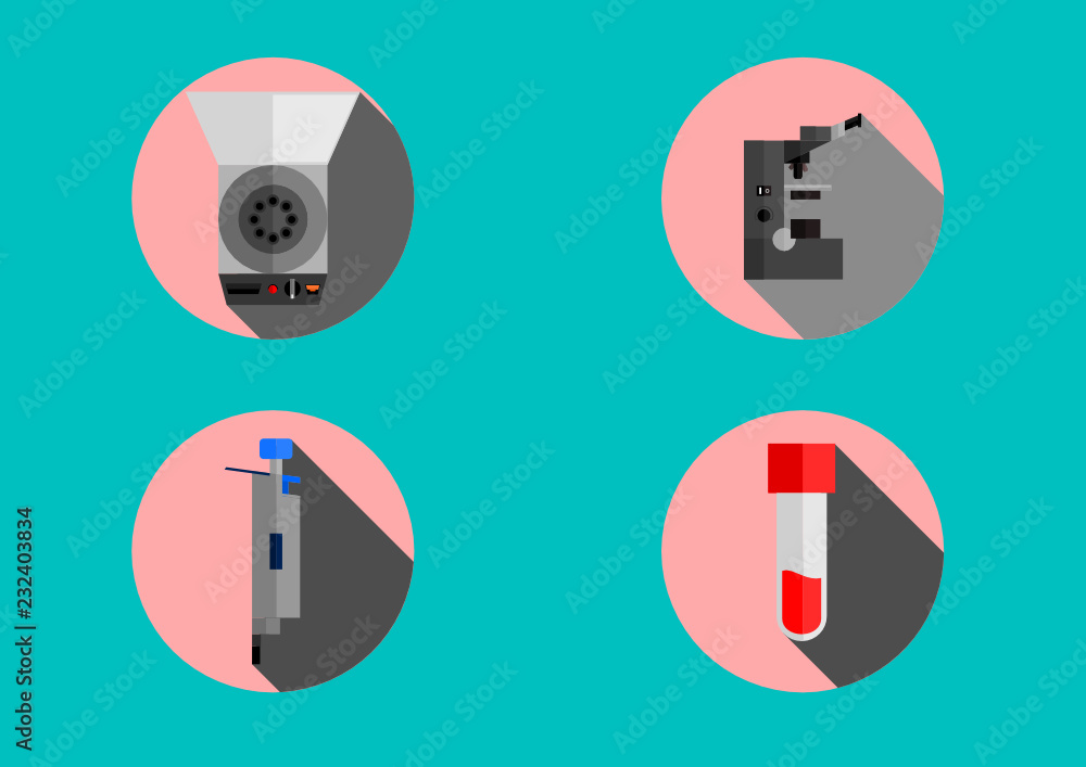 Medical laboratory tools flat icon. Centrifuge, microscopy, autopipette ...