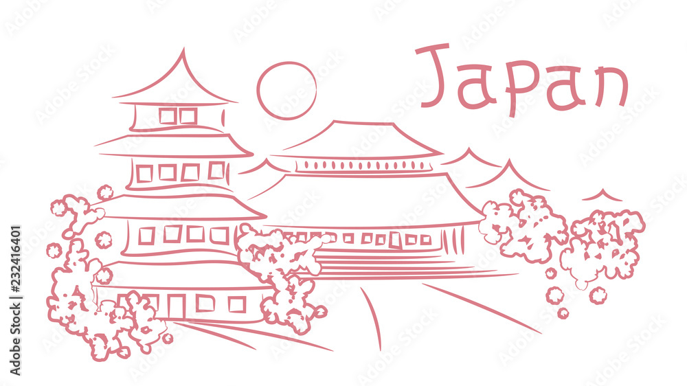 Drawing of the Japanese traditional buildings and cherry blossom ...