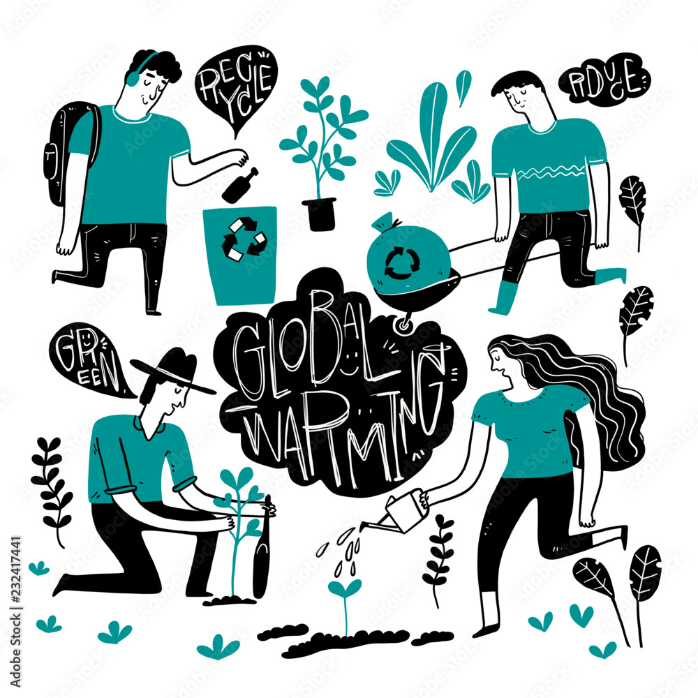 Hand drawing of reducing global warming or attention to environmental ...