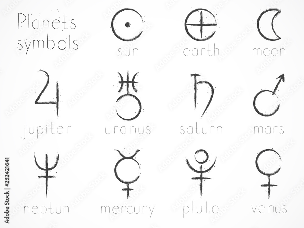 Vector set of astrological planets symbols. Hand drawn elements. Signs ...
