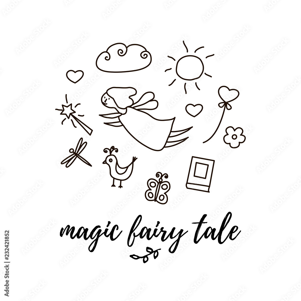 Princess concept with fairy, magic wand, butterfly and lettering ...