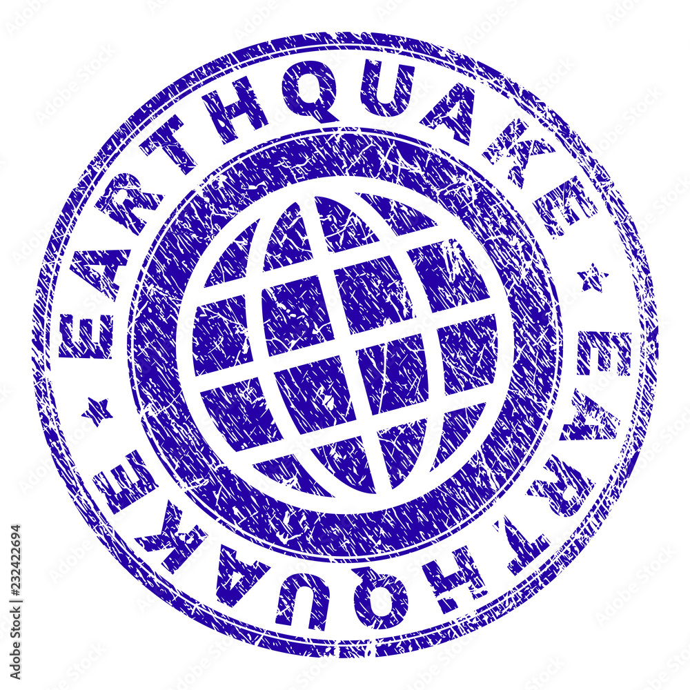 EARTHQUAKE stamp print with distress style. Blue vector rubber seal ...