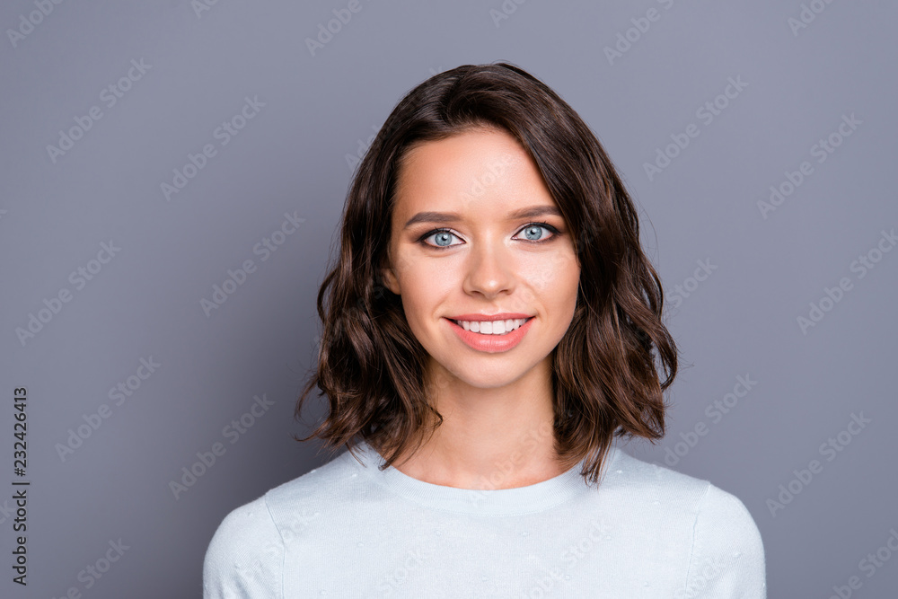 Portrait of adorable good-looking lady with her modern haircut s Stock ...