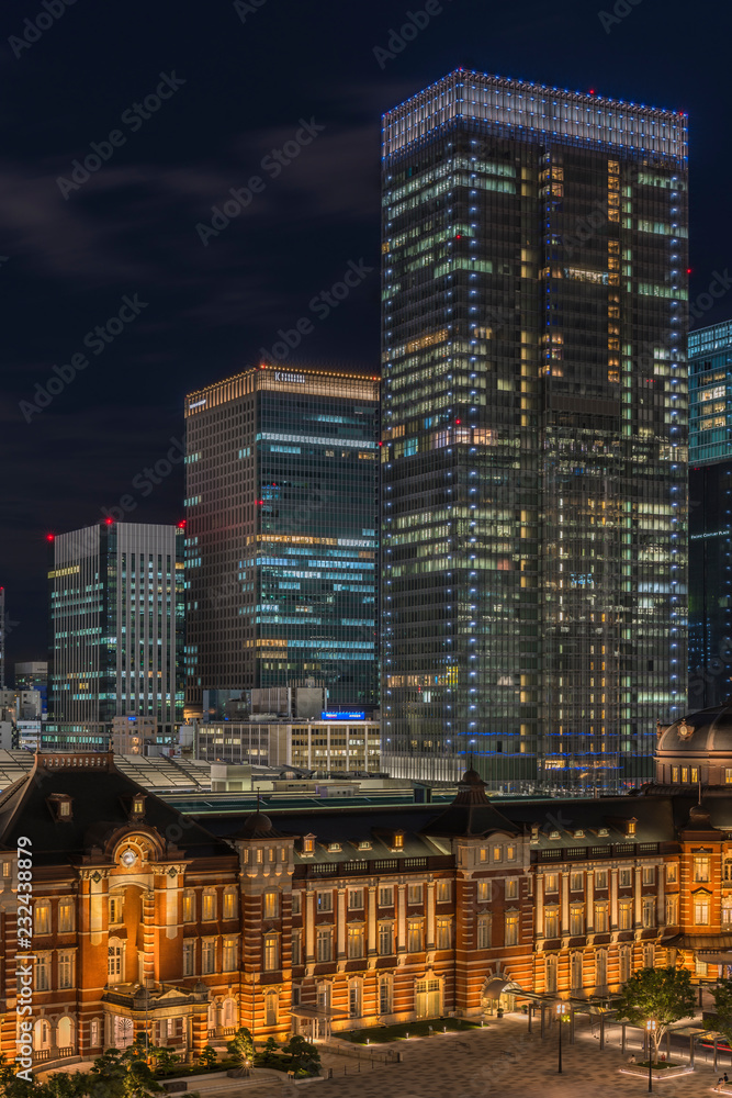 Night view of Marunouchi side of Tokyo railway station in the Chiyoda City, Tokyo, Japan. The ...