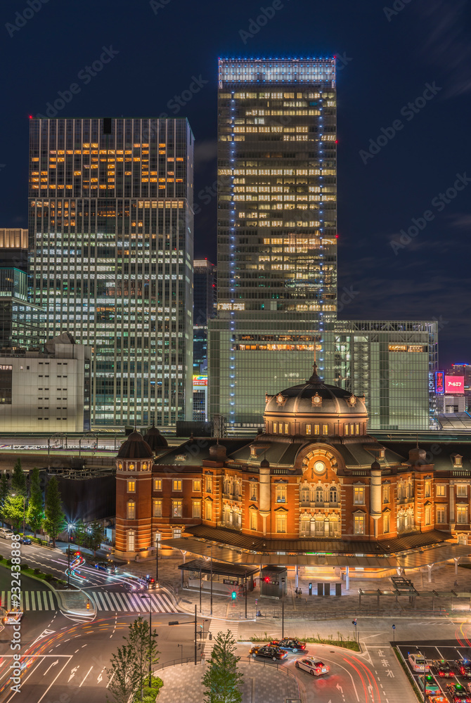 Night view of Marunouchi side of Tokyo railway station in the Chiyoda City, Tokyo, Japan. The ...