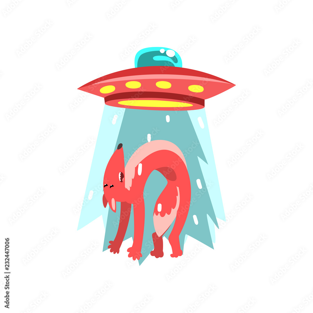 Alien UFO spaceship taking away red fox, flying saucer taking animal ...
