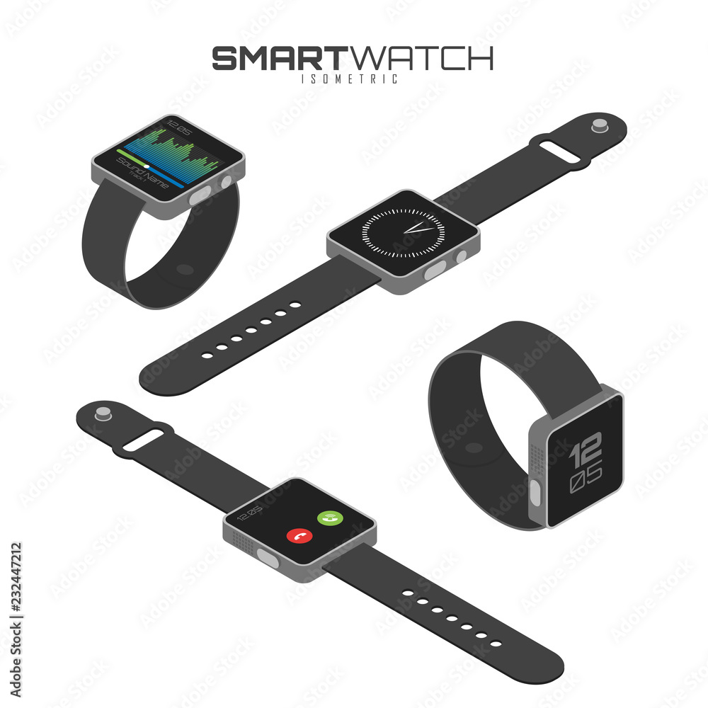 Isometric set of different types of smart watches. Isolated on white ...
