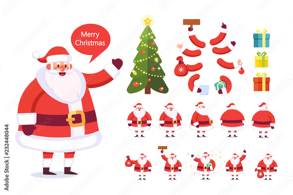 Merry Christmas. Collection of Santa Claus with presents. Front, back ...