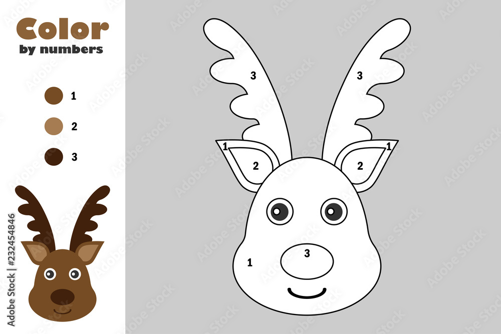 Deer in cartoon style, color by number, christmas education paper game ...