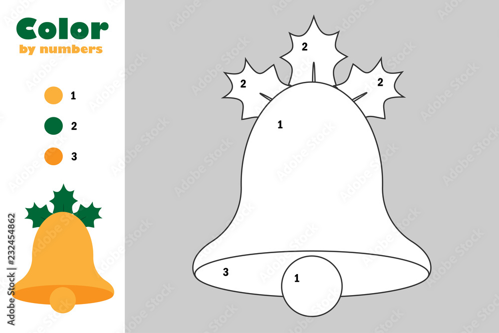 Bell in cartoon style, color by number, christmas education paper game ...