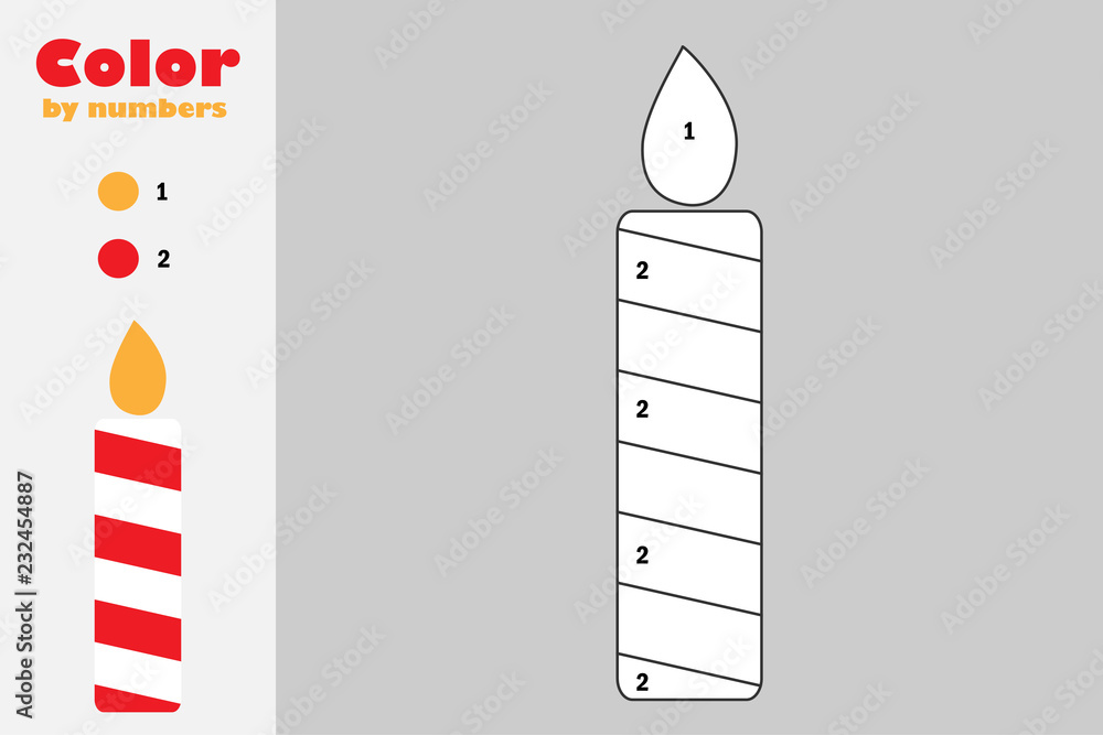 Candle in cartoon style, color by number, christmas education paper ...