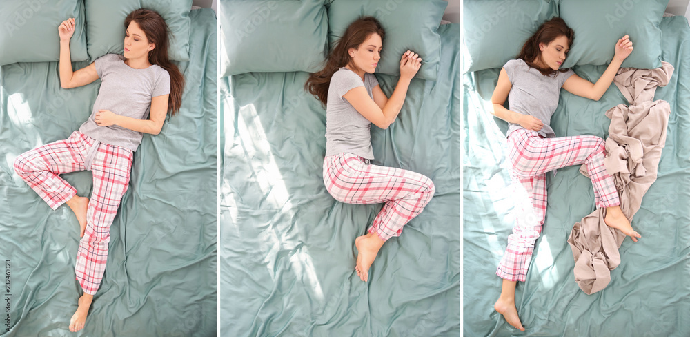 Beautiful woman sleeping in different positions on bed, top view Stock ...