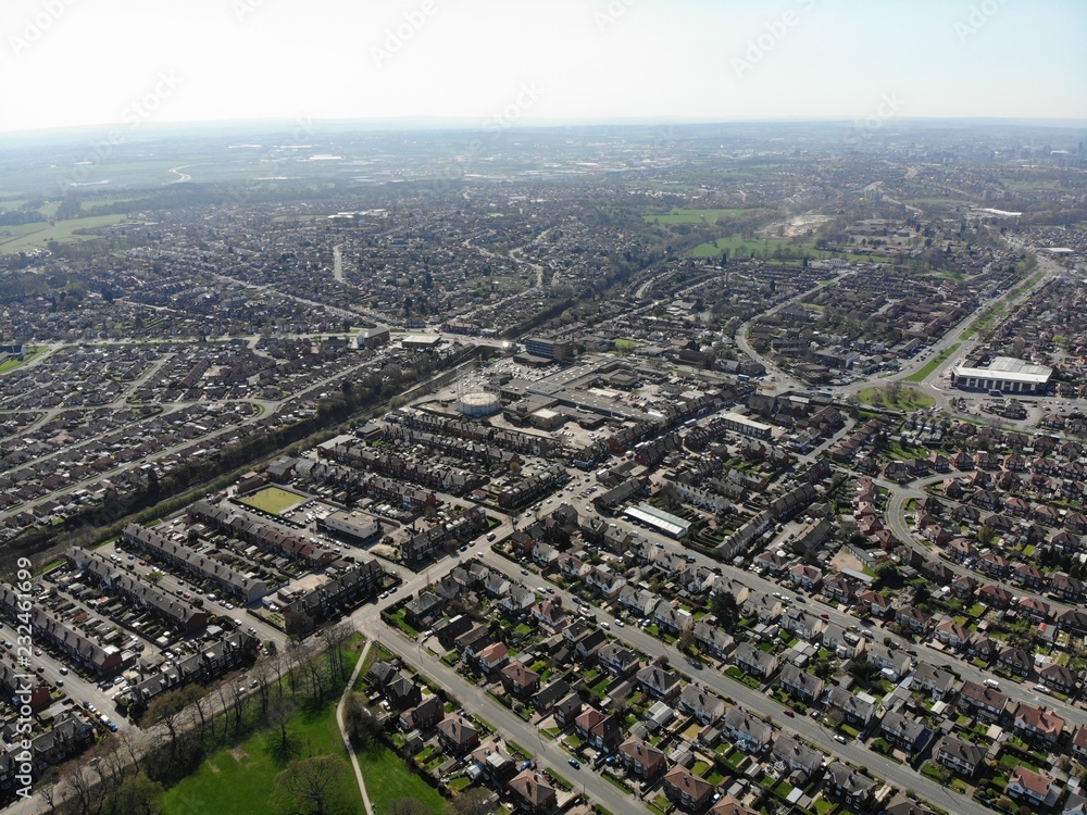 Typical UK Town aerial photo showing rows of houses, roads, parks and ...