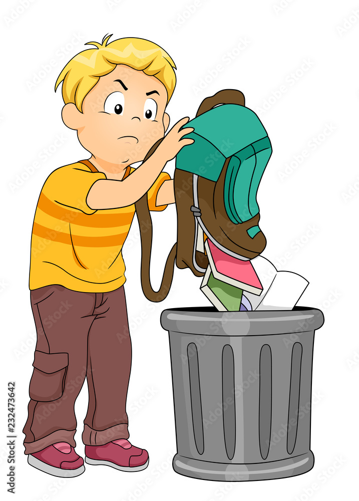 Kid Boy Throwing Books Trash Illustration Stock Vector | Adobe Stock
