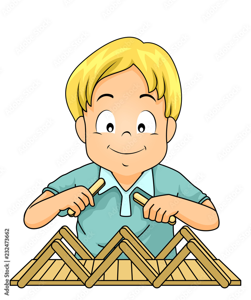 Kid Boy Build Bridge Popsicle Sticks Illustration Stock Vector | Adobe ...
