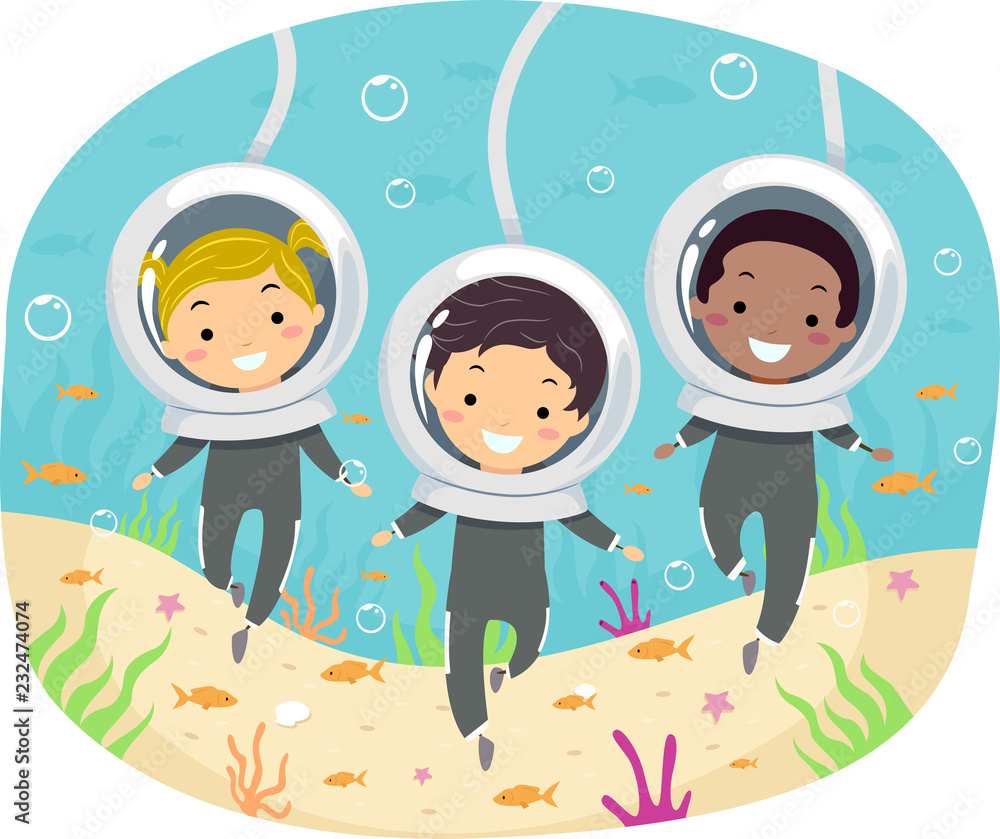 Stickman Kids Underwater Sea Walk Illustration Stock Vector | Adobe Stock