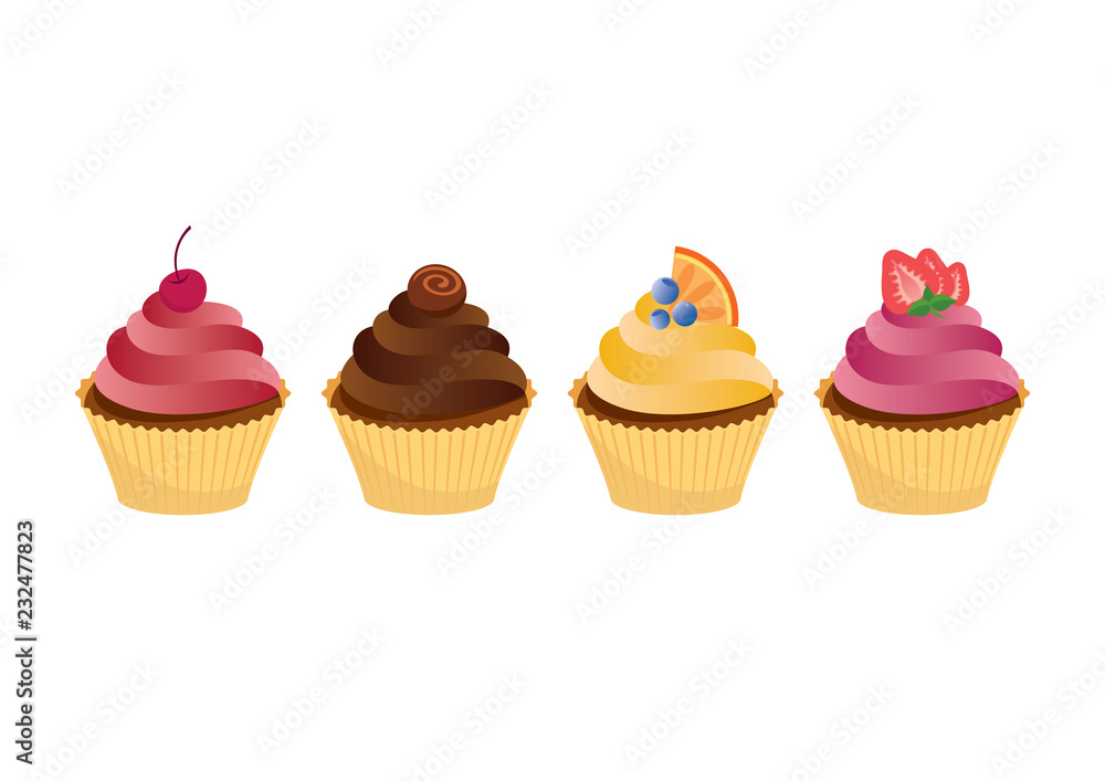 Cupcakes icon set vector. Various cupcake cartoon. Four cupcakes ...