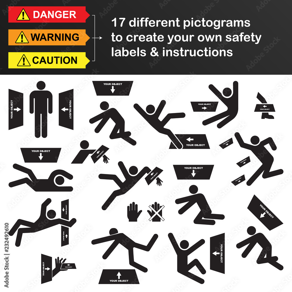 Vector icon set of different safety/danger/warning/caution pictograms ...