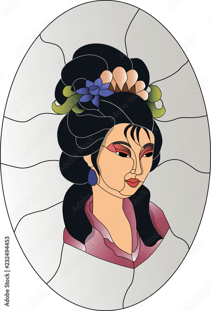 Stained glass, mosaic pattern of Japanese Geisha girl with hairpin ...